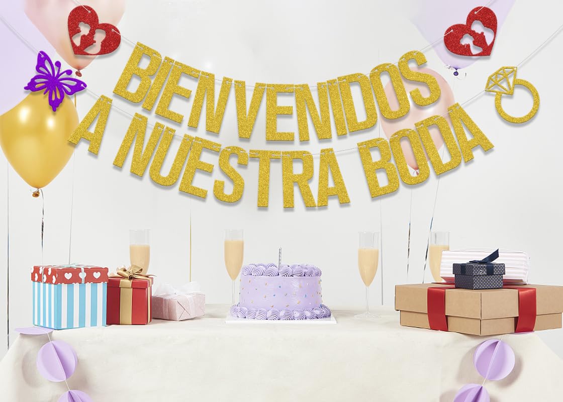 KEWUFD Spanish Welcome To Our Wedding Banner, Funny We're Engaged Decorations Wedding Party Decorations Bridal Shower Photo Prop Sign Gold Glitter