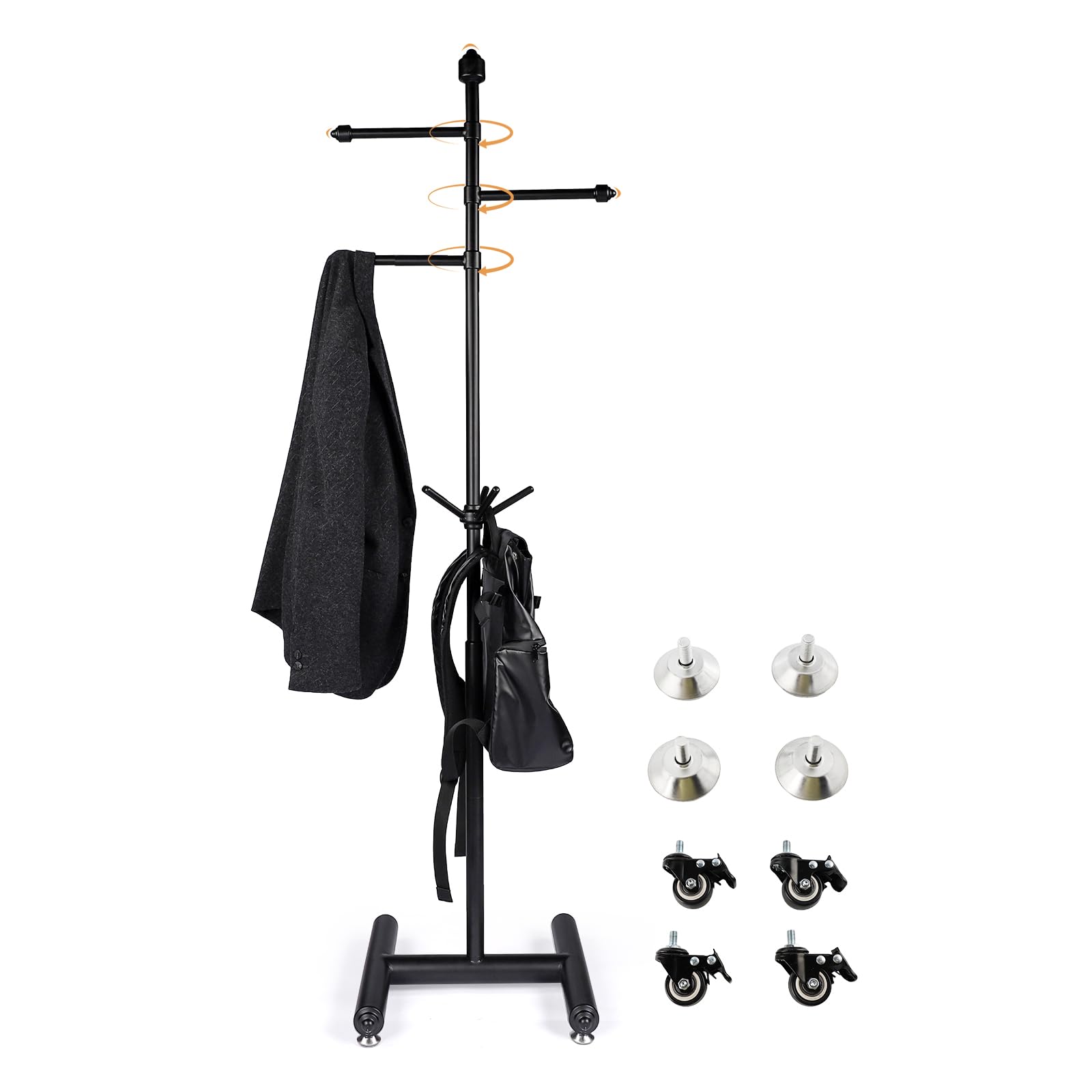 Metal Coat Rack Freestanding heavy duty,Sturdy Coat Tree Stand adjustable height with movable wheels,3 arms can accommodate more Winter Coats Jackets Suits, for Hall Entrance Bedroom Office (Modern)