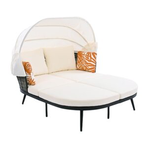 RuiSiSi 74.8”L Patio Daybed with Retractable Canopy, Outdoor Rattan PE Wicker Back Loveseat Sofa Set with Throw Pillows and Cushions for Backyard, Poolside, Garden, Beige