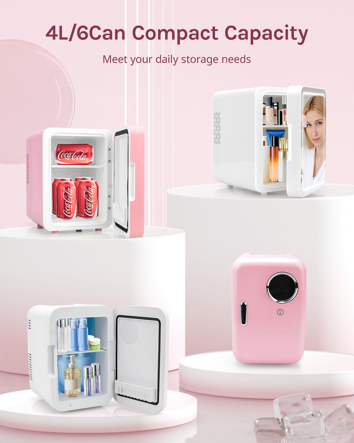 FETIONS Mini Skincare Fridge with Adjustable LED Make Up Mirror, Portable Refrigerator 4L/6 Can Cooler & Warmer, Compact for Skincare,Food and Drinks, Small Fridge for Bedroom,Dorm,Car,Office, White