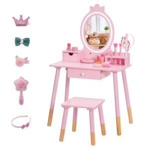 BRINJOY Kids Vanity Set with Light, Wooden Princess Vanity Table with Mirror & Stool & Jewelry Rack & Storage Board, Children Make Up Beauty Dressing Table for Girls Ages 3+