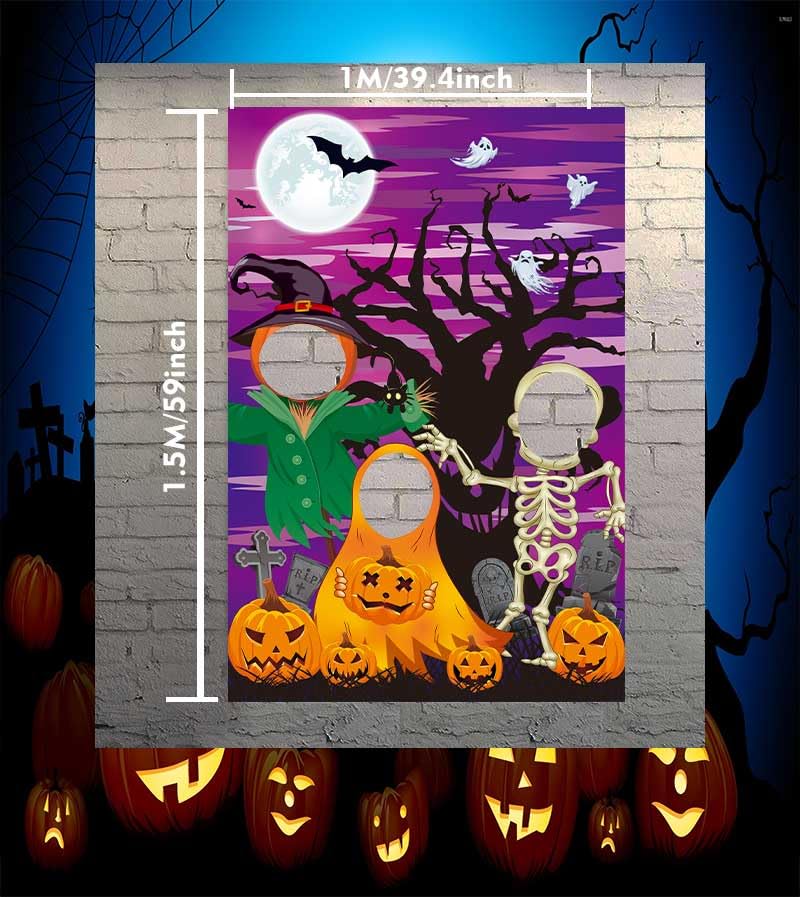 Halloween Door Decorations Backdrop Halloween Photo Door Banner Pumpkin Head Scarecrow Ghosts Skeletons Hole in Face Party Prop Halloween Photography Background Halloween Theme Party Supplies