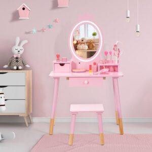 BRINJOY Kids Vanity Set with Light, Wooden Princess Vanity Table with Mirror & Stool & Jewelry Rack & Storage Board, Children Make Up Beauty Dressing Table for Girls Ages 3+