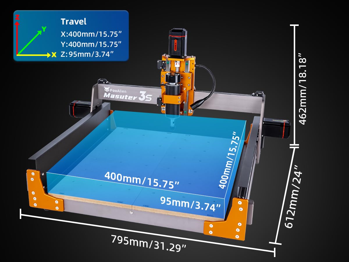 FoxAlien Masuter 3S CNC Router Machine with NEMA 23 Closed-Loop Stepper Motor, 400W Spindle 3 Axis Engraving Milling Machine for Wood Acrylic Aluminum Carving Cutting