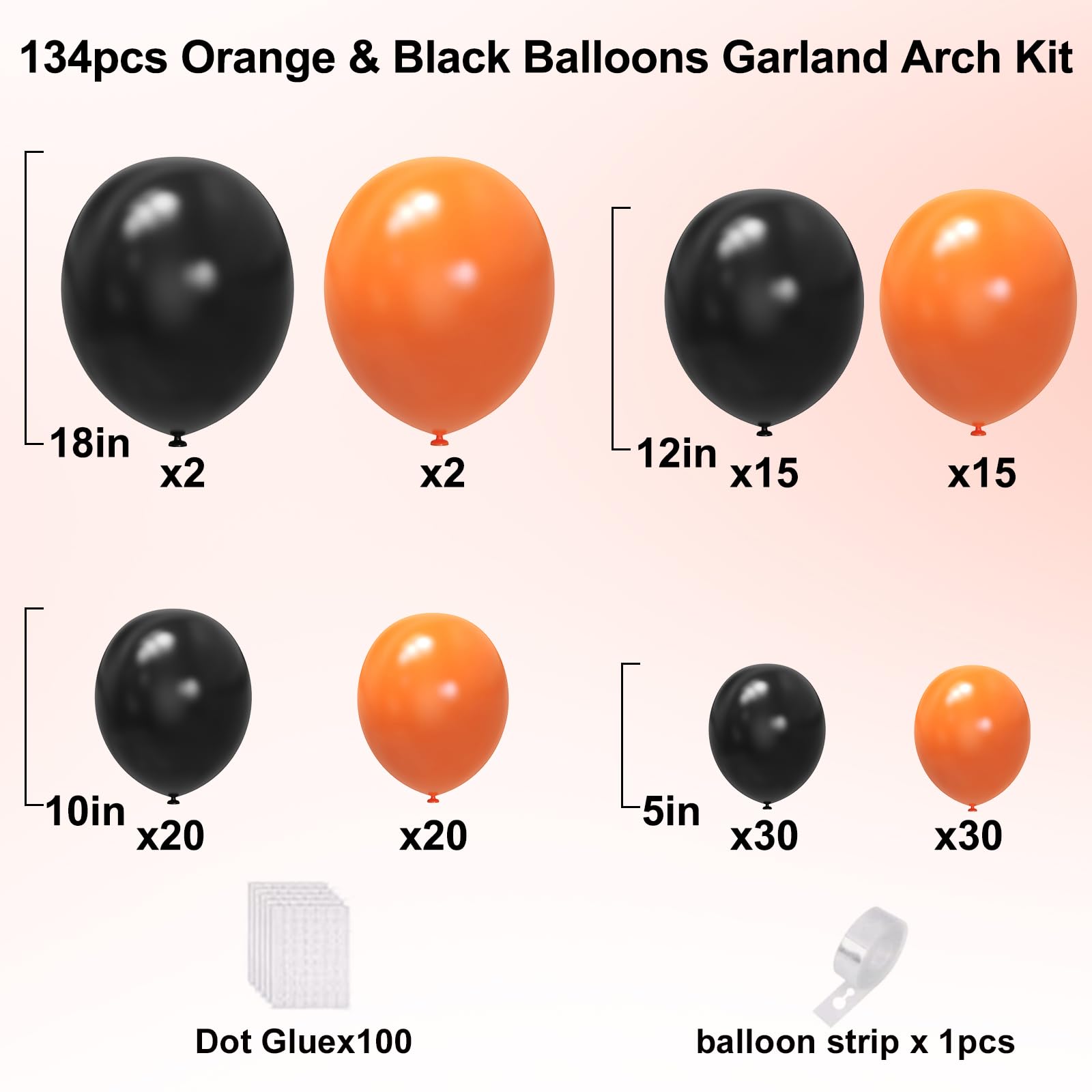 Orange and Black Balloons Arch Garland Kit, 134pcs Black Orange Halloween Balloons with Different Size for Graduation, Halloween, Harley Davidson Decorations