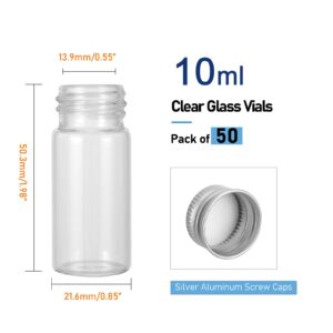 Njvial 50Pcs 10ml(1/3oz) Small Glass Vials with Lids Lab Sample Vials Empty Refillable Mini Glass Bottles with Silver Aluminum Screw Caps for DIY Crafts Essential Oils Storage Wedding Decoration