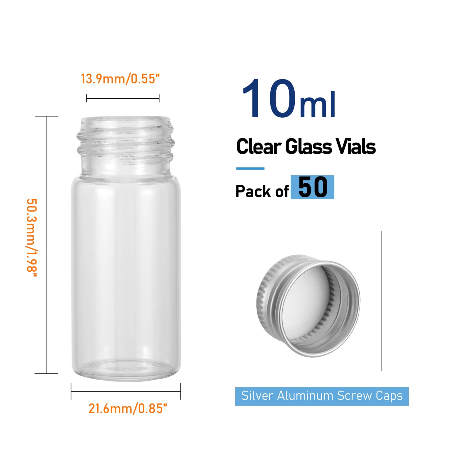 Njvial 50Pcs 10ml(1/3oz) Small Glass Vials with Lids Lab Sample Vials Empty Refillable Mini Glass Bottles with Silver Aluminum Screw Caps for DIY Crafts Essential Oils Storage Wedding Decoration