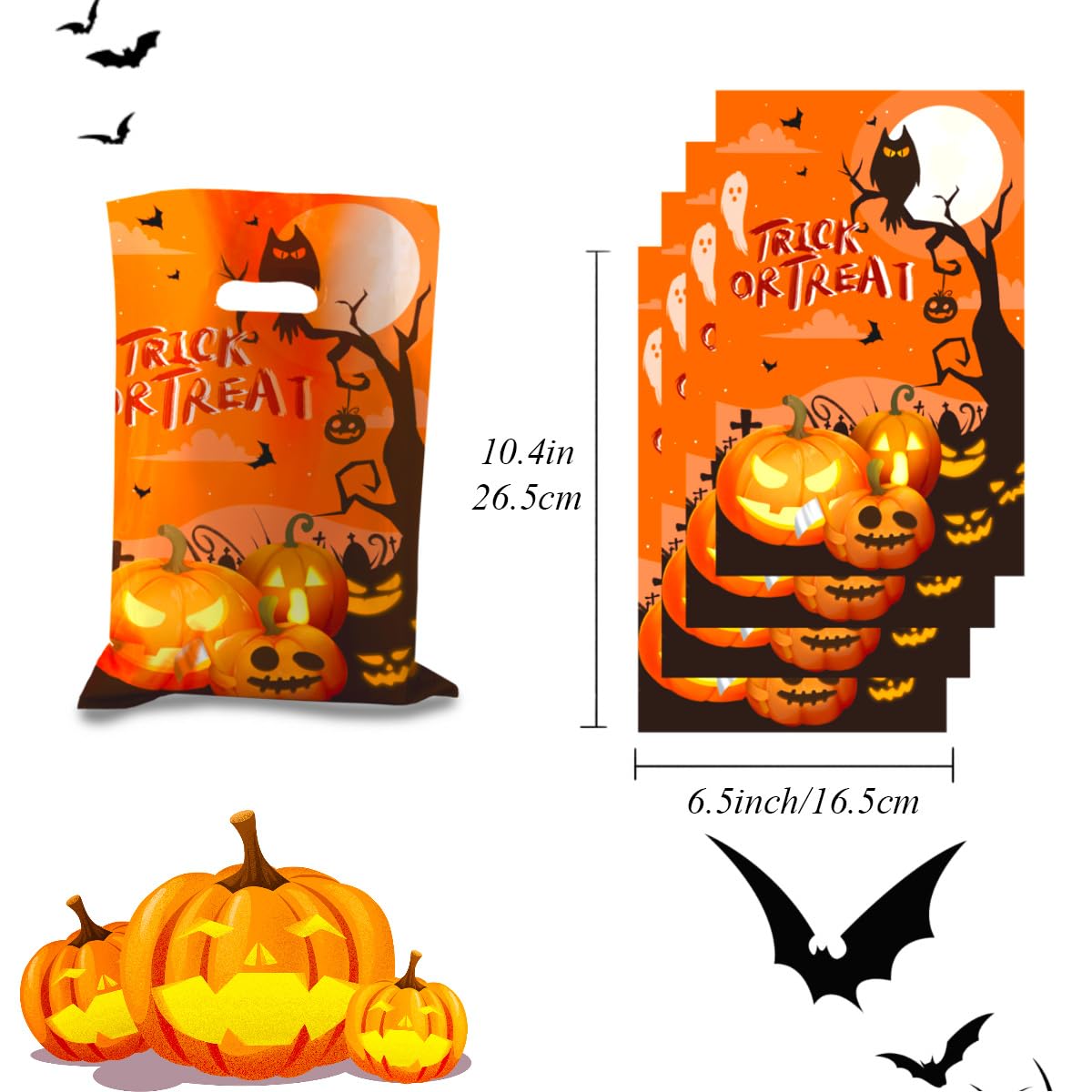 idolpack 50 Pcs Halloween Crafts Plastic Bag with Handle, 6.5''x10.5'' Halloween Goodie Bags, Halloween Candy Goody Trick or Treat Bags for Halloween Party Favors Supplies Decoration