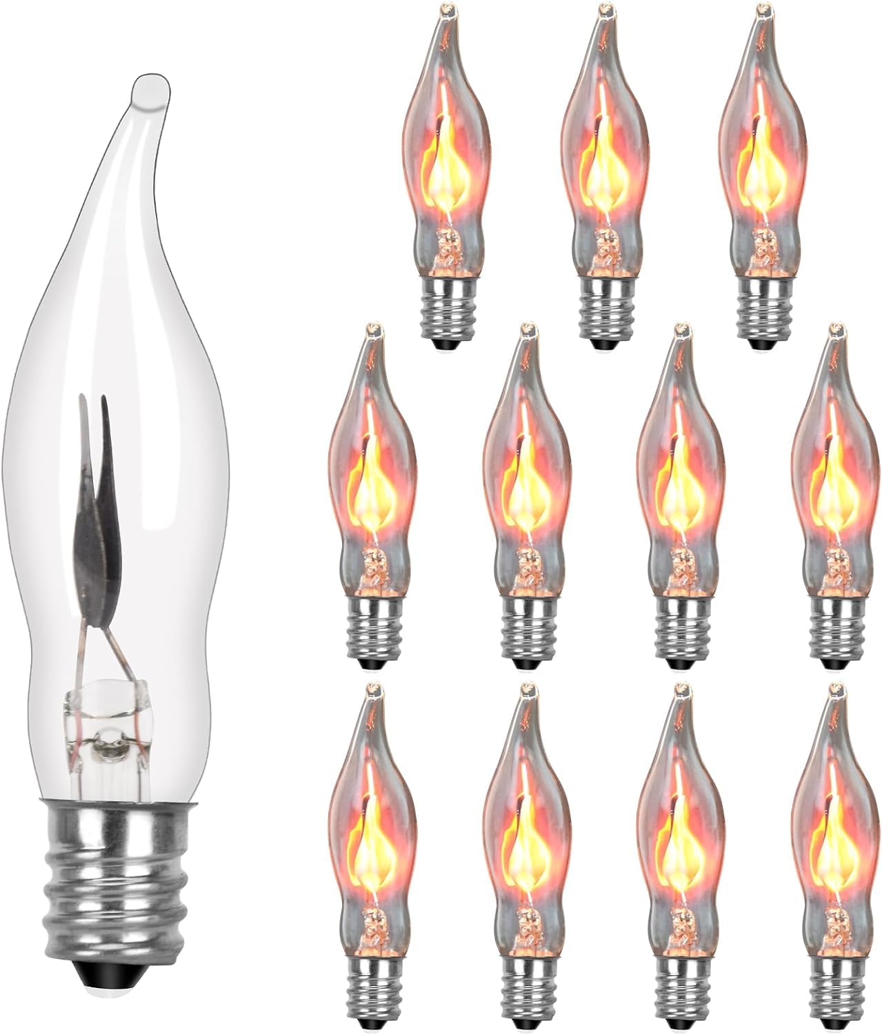 Agaphoton Christmas Flicker Flame Light Bulbs, Crystal Clear Flame Tip Candelabra Bulbs, Flickering Replacement Bulbs Dances with Orange Flame, 120 Volt, 1 Watt, E12 Candelabra Base, 12 Pack