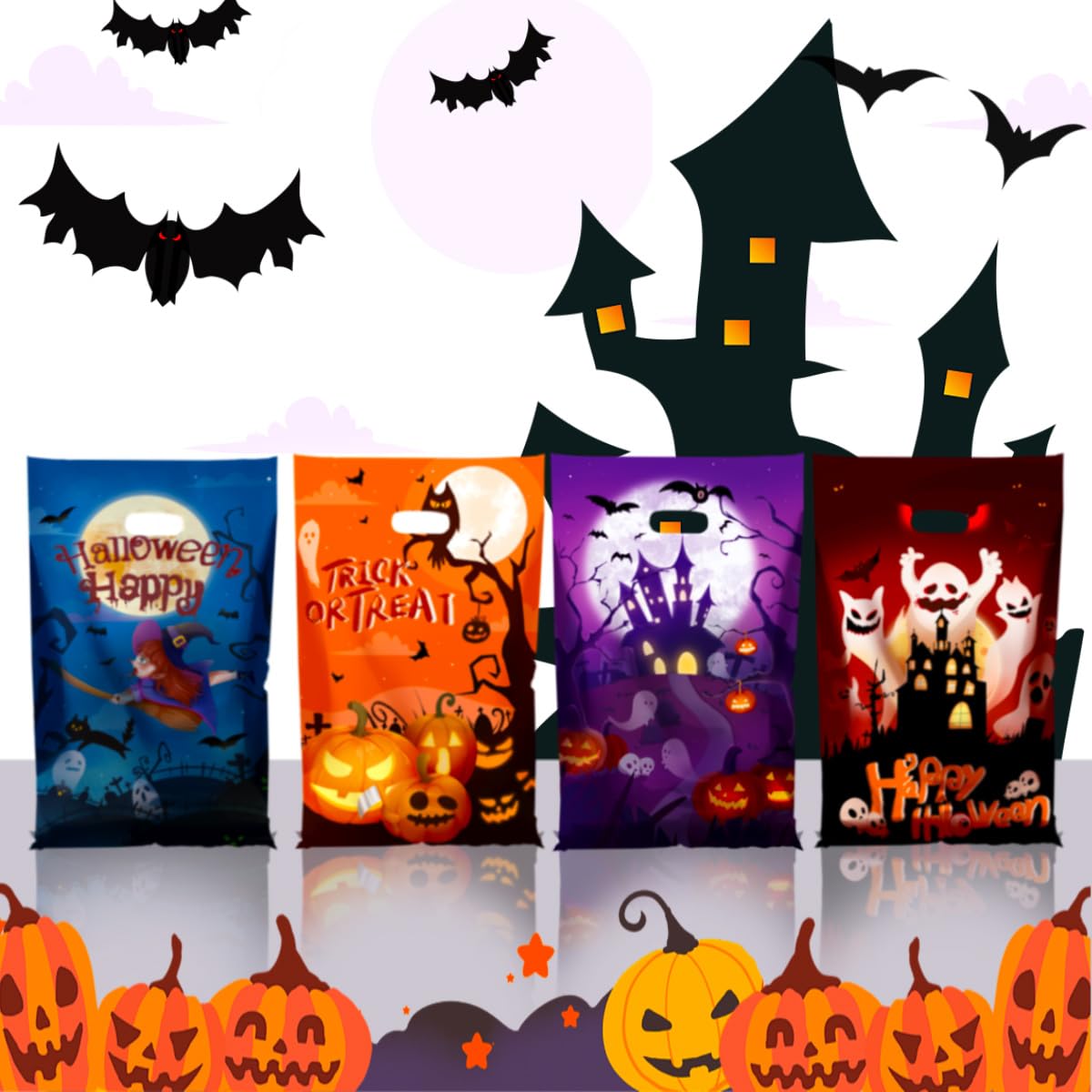 idolpack 50 Pcs Halloween Crafts Plastic Bag with Handle, 6.5''x10.5'' Halloween Goodie Bags, Halloween Candy Goody Trick or Treat Bags for Halloween Party Favors Supplies Decoration