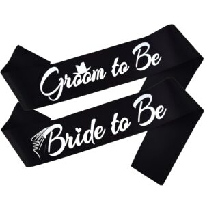 hubeisiyu 2pcs bride to be and groom to be sash, bridal shower sashes bachelor decorations just married gift engaged decor engagement accessories bachelorette party supplies, black+silver(letters)