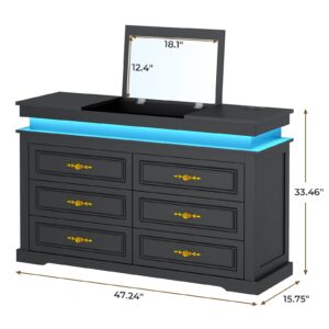 HAUOMS Dresser with LED Lights,LED Chest of Drawers with Flip-Top and Charging Station,6 Drawers Dresser with Mirror,Black Dresser for Bedroom,Living Room,Cloest