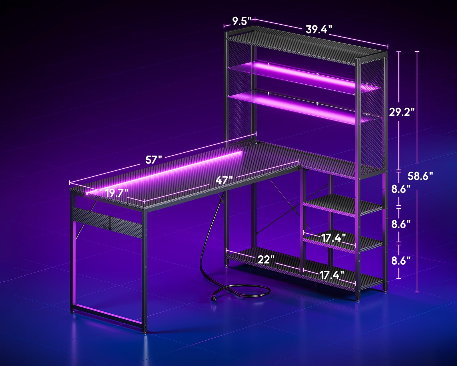 MOTPK L Shaped Gaming Desk, Reversible Computer Desk with Power Outlet, Gaming Table with LED Lights, L Shaped Desk with Glass Display Storage Shelves, Glass Desk Office Desk