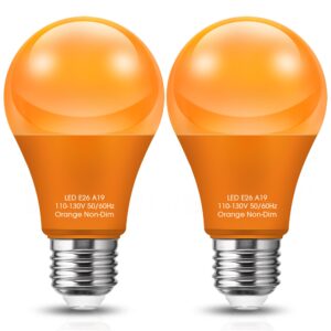 doresshop orange led light bulb, 60w equivalent, 720 lumens, a19, e26 base, energy efficient, long-lasting colored light bulb for halloween decorations, parties, mood lighting, non-dimmable, 2 pack