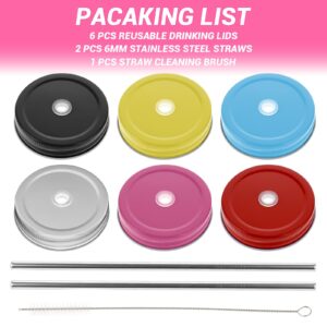 6Pack Metal Regular Mouth Mason Canning Jar Lids, Metal Drinking Lid with Straw Hole Leak Proof Reusable Jar, 6 Colors, 2.7 Inch