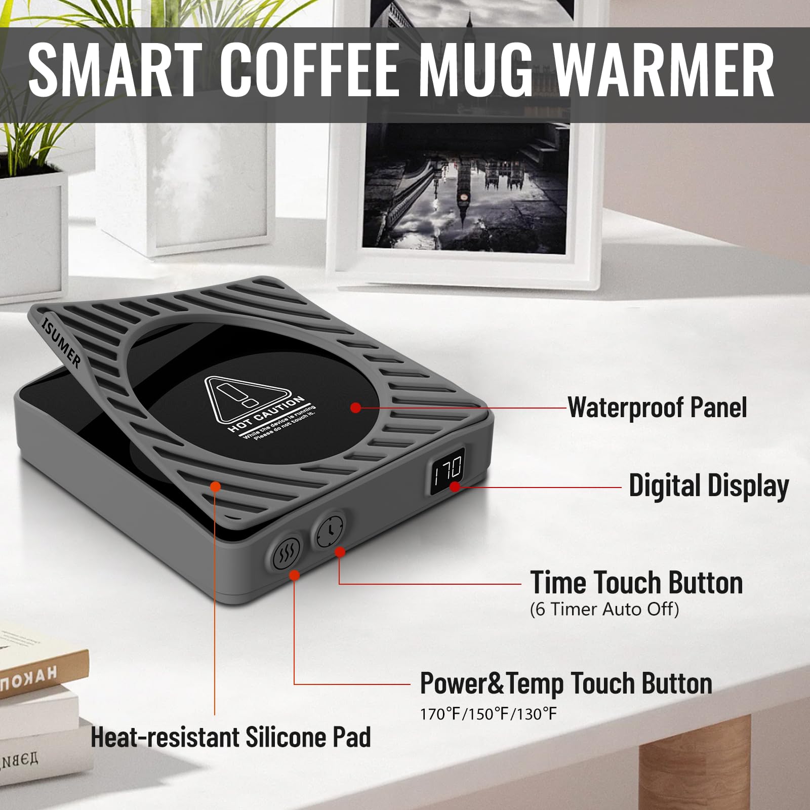 Mug Warmer,3 Temp Settings Coffee Mug Warmer,Auto On/Off Coffee Warmer with Gravity Sensor,6 Timer Auto Off Cup Warmer,Mug Warmer for Desk Suits Kinds of Mugs,Splash-Proof Coffee Cup Warmer