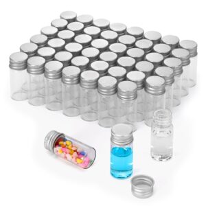 njvial 50pcs 10ml(1/3oz) small glass vials with lids lab sample vials empty refillable mini glass bottles with silver aluminum screw caps for diy crafts essential oils storage wedding decoration