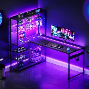 MOTPK L Shaped Gaming Desk, Reversible Computer Desk with Power Outlet, Gaming Table with LED Lights, L Shaped Desk with Glass Display Storage Shelves, Glass Desk Office Desk