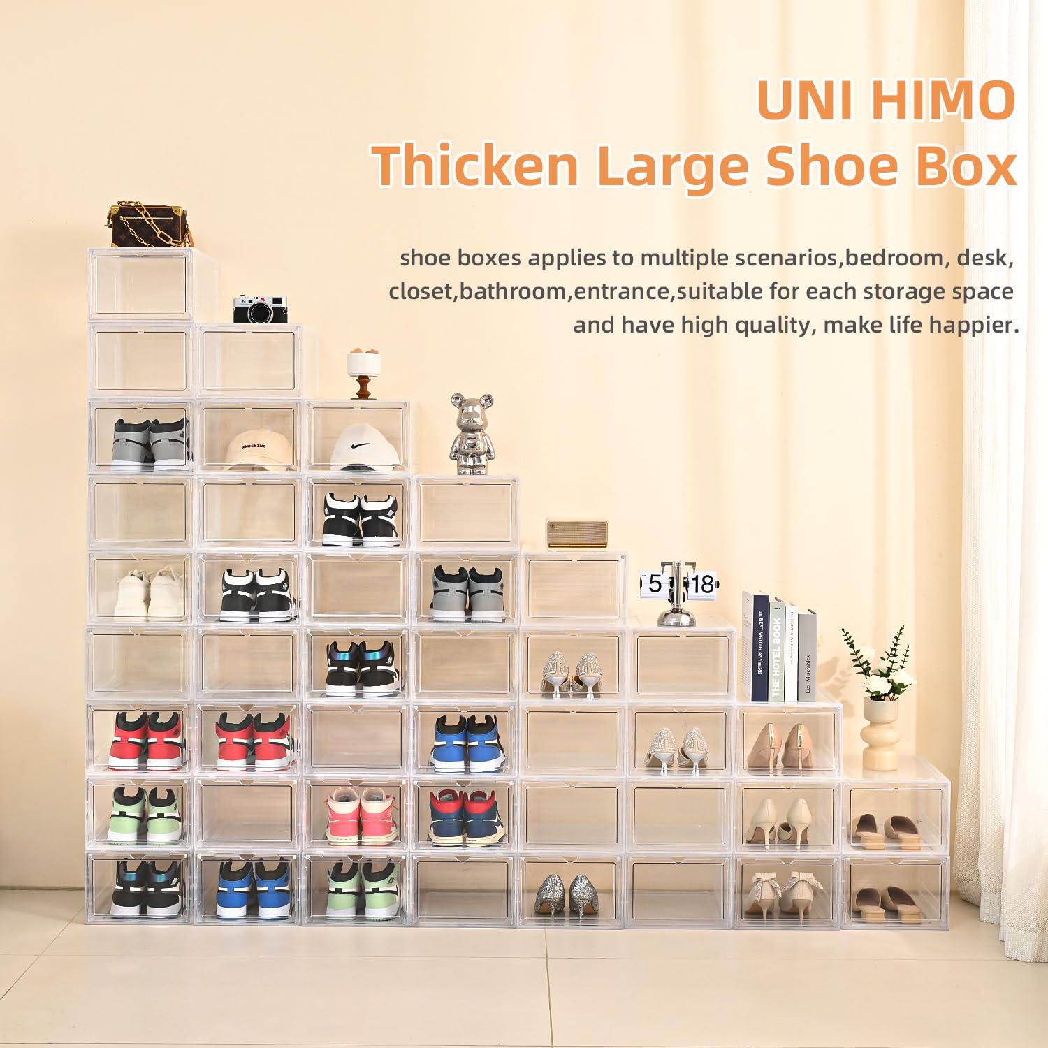 Uni HIMO Drop Front Shoe Box with Clear Door,6 pack Plastic Shoe Boxes Stackable,Thicken & Sturdy Organizer Containers For Sneakers,Fit up to US Size 12(13.5”x 10.5”x 7.4”)