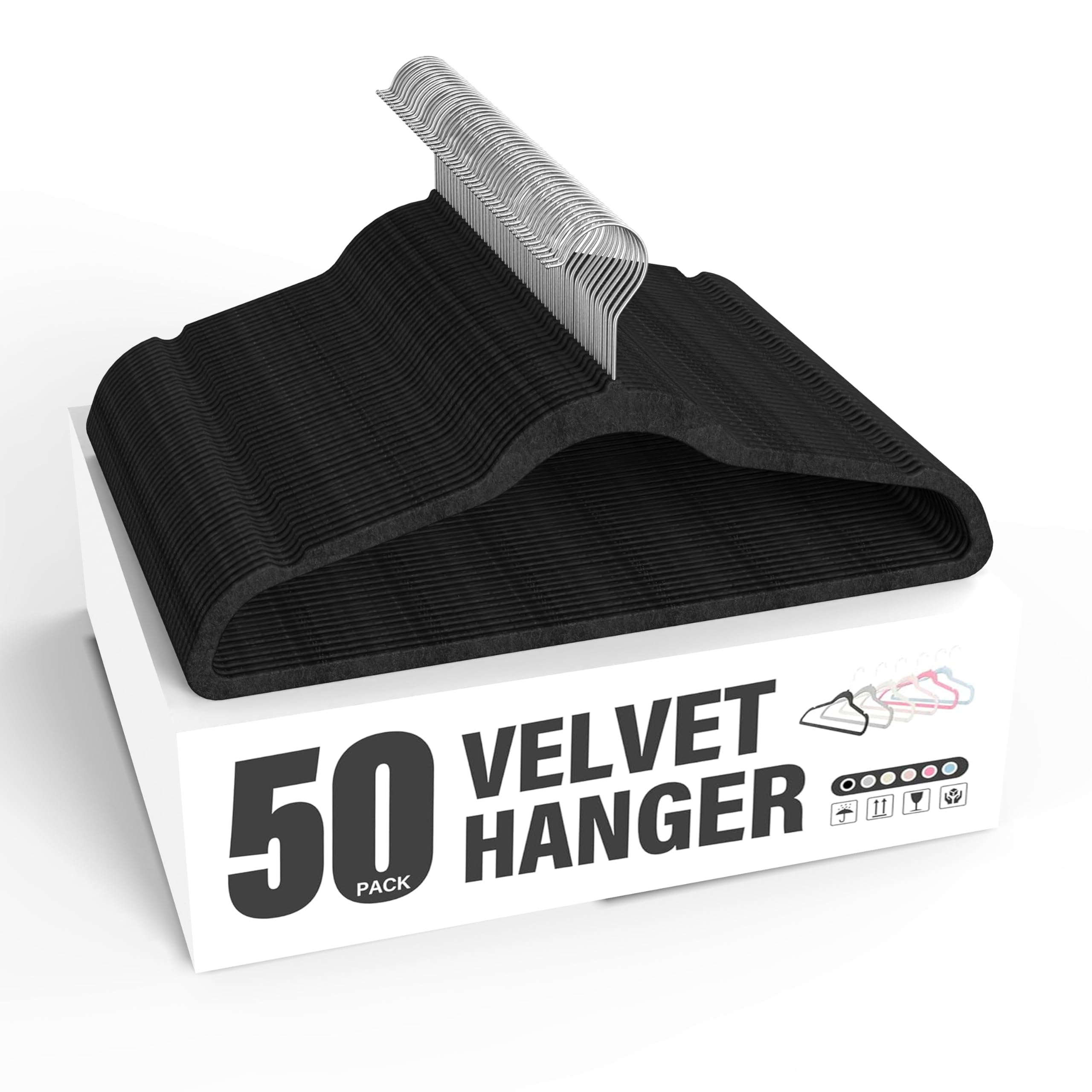 Simple Deluxe 50 Pack Non-Slip Velvet Hangers, 360° Swivel Hooks, Clothes Hangers with Shoulder Notches, Heavy Duty Coat Suit Hangers for Coats & Pants, Black