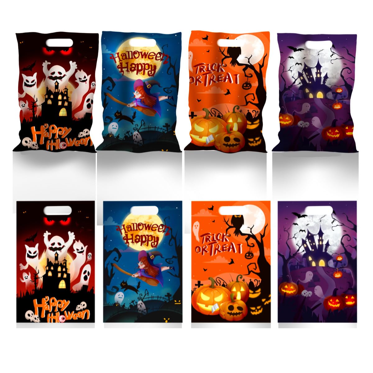 idolpack 50 Pcs Halloween Crafts Plastic Bag with Handle, 6.5''x10.5'' Halloween Goodie Bags, Halloween Candy Goody Trick or Treat Bags for Halloween Party Favors Supplies Decoration