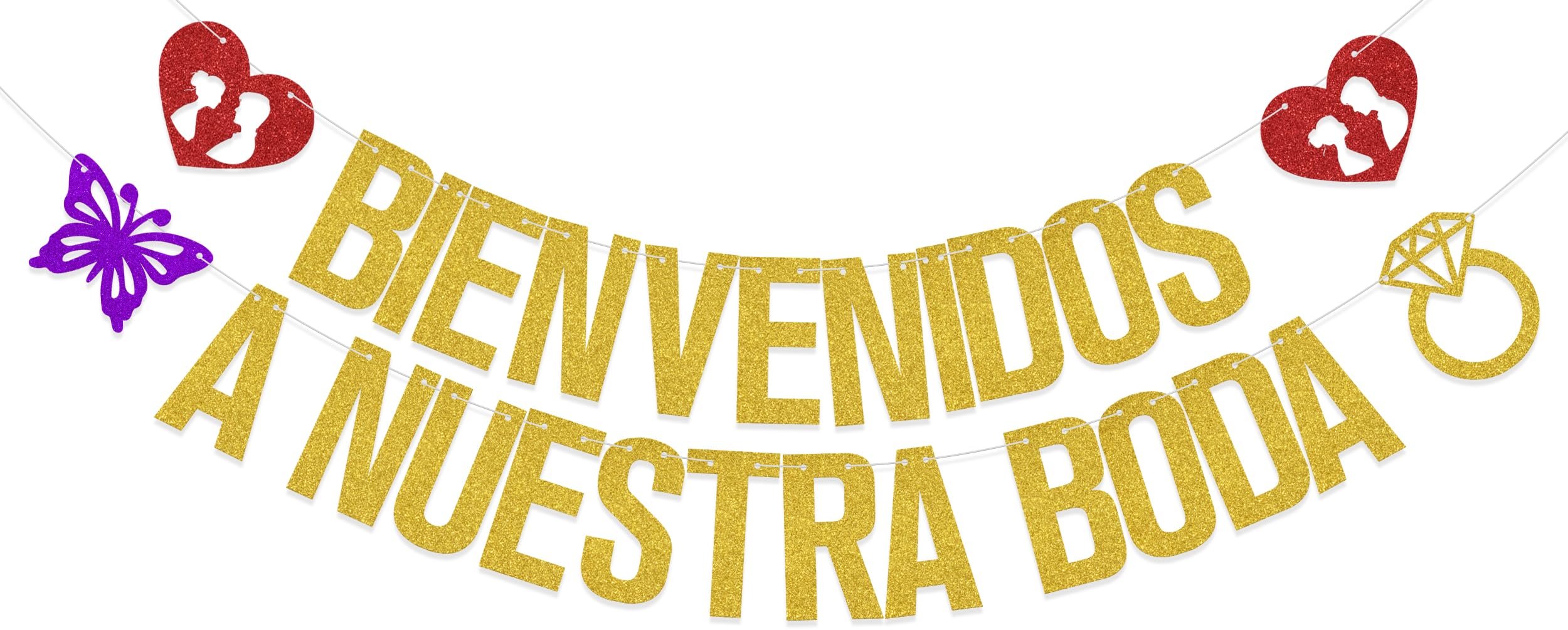 KEWUFD Spanish Welcome To Our Wedding Banner, Funny We're Engaged Decorations Wedding Party Decorations Bridal Shower Photo Prop Sign Gold Glitter