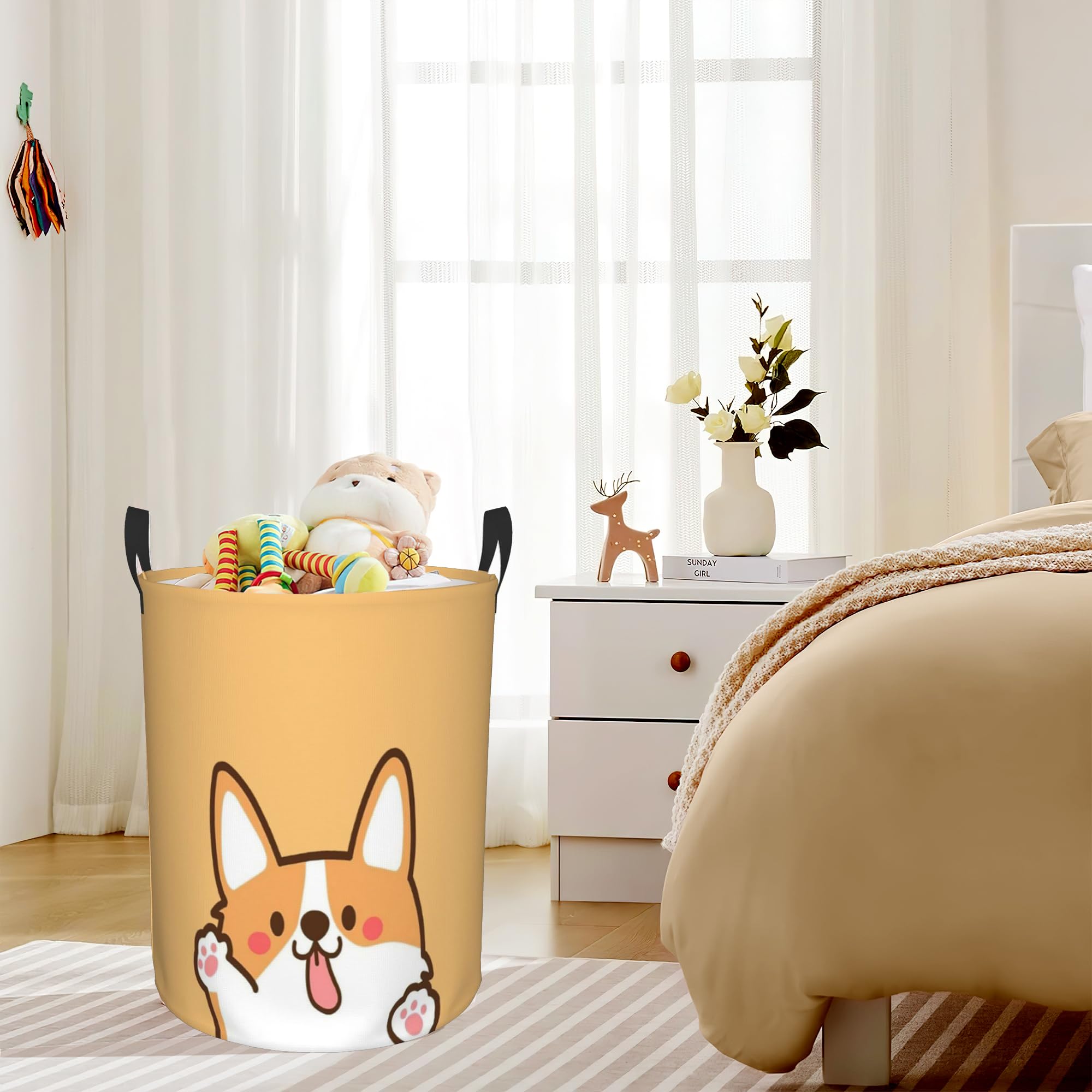 Funny Corgi Puppy Dog Laundry Basket,Waterproof Foldable Laundry Hamper,Dirty Clothes Laundry Basket, Linen Bin Storage Organizer for Toy Collection 16" x 20"