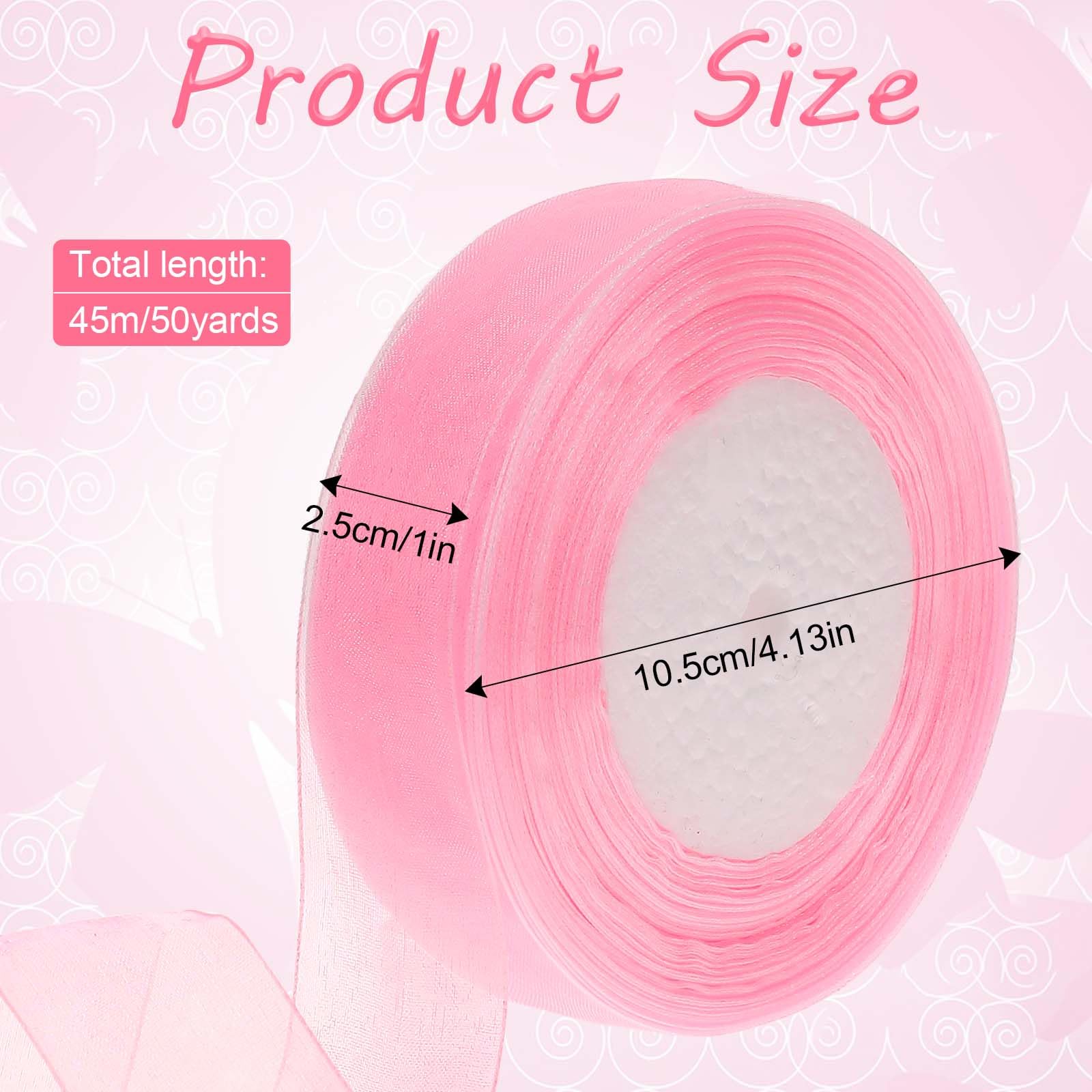 ZEYIYER Pink Ribbon, 1 Inch 50 Yards Sheer Organza Ribbon for Flower Bouquet, Pink Festival Gift Basket Chiffon Ribbon, Tulle Ribbon for Gift Wrapping Wedding Flower Party Home Decoration