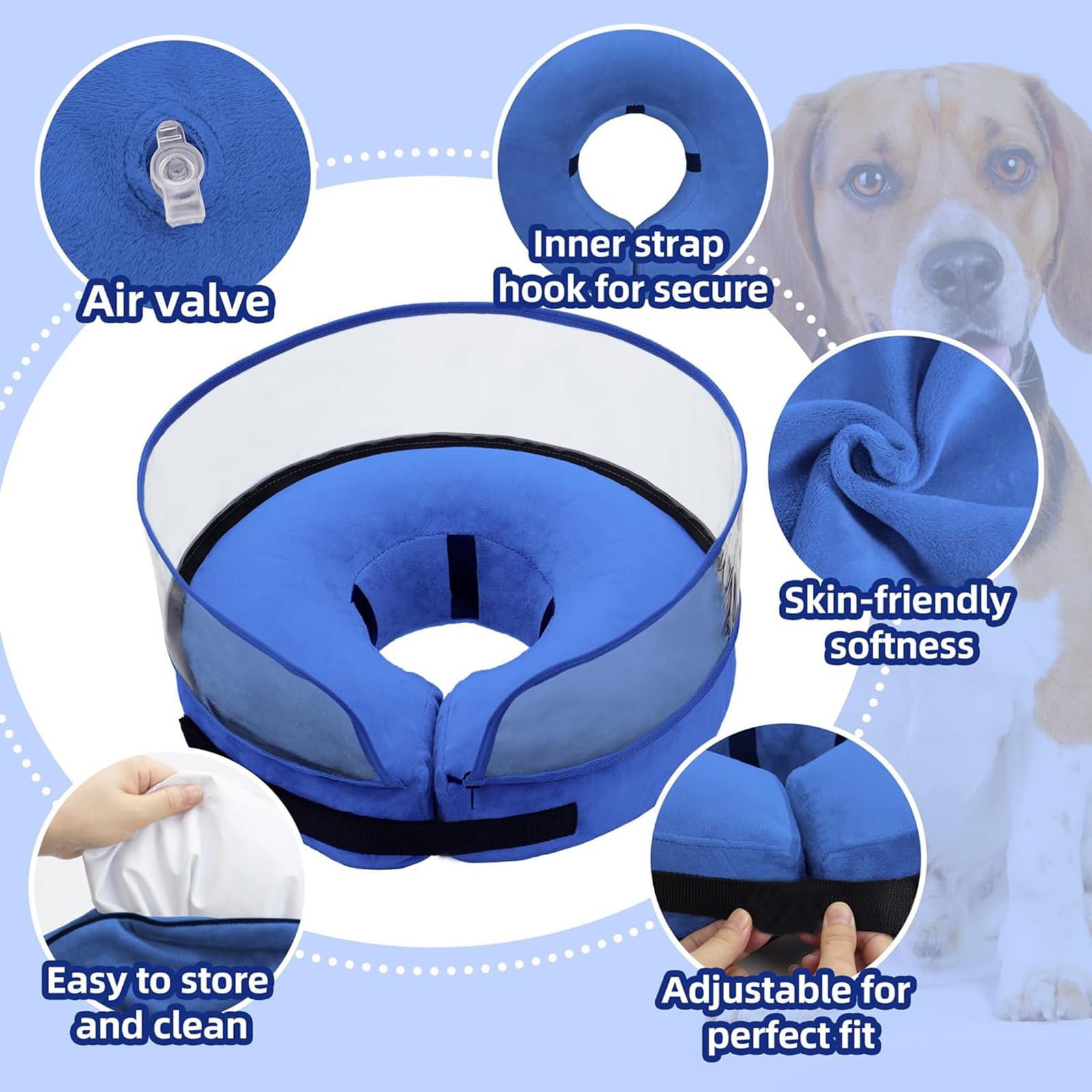 Dog Cone Collar After Surgery,Inflatable Soft Dog Cone for Large Medium Small Dog,Adjustable Breathable Inflatable Dog Cone Collar,Protect Pets from Licking Wounds,Soft and Comfortable,Blue(XL)