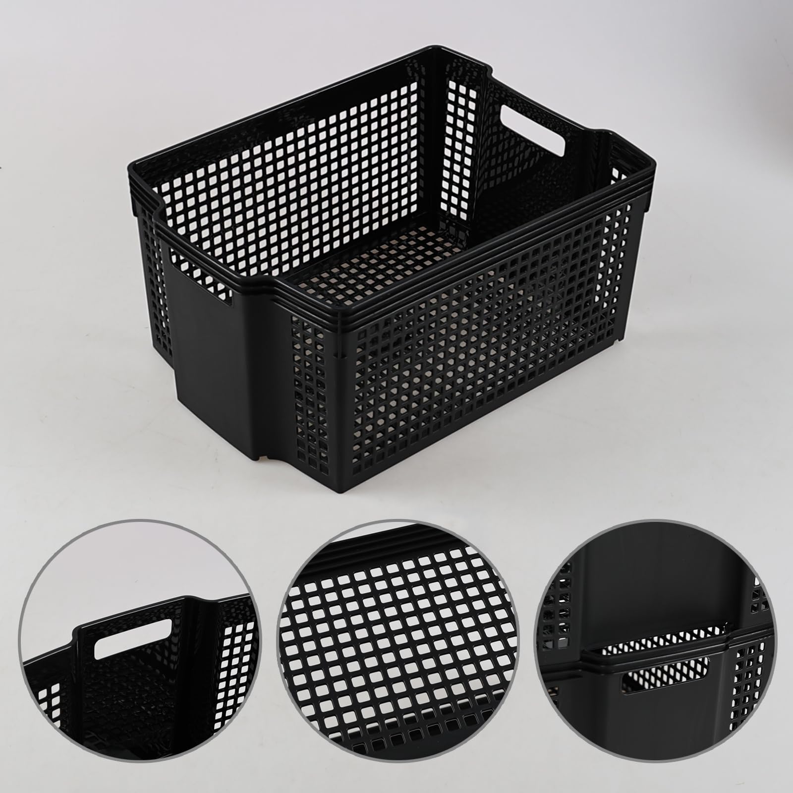 Nesmilers 6-Pack Stackable Storage Baskets Bins, Black Large Plastic Organizer Baskets