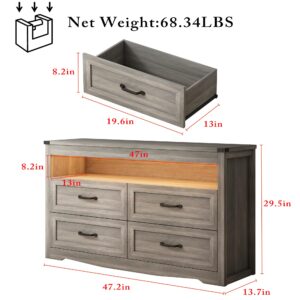 Wodeer 4 Drawer Dresser Chests with LED Light,Wide Chest of Drawers with Metal Handles,Wood Dresser for Storage and Organization for Bedroom,Living Room, Nursery,Hallway,Gray