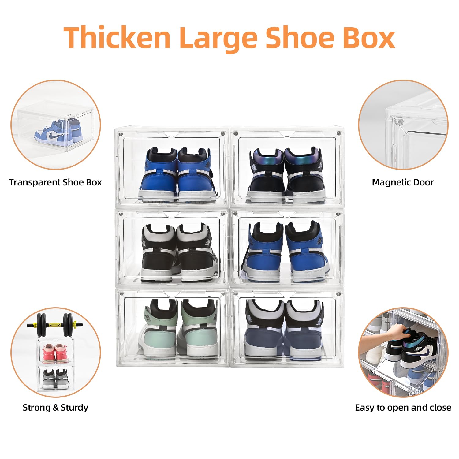 Uni HIMO Drop Front Shoe Box with Clear Door,6 pack Plastic Shoe Boxes Stackable,Thicken & Sturdy Organizer Containers For Sneakers,Fit up to US Size 12(13.5”x 10.5”x 7.4”)