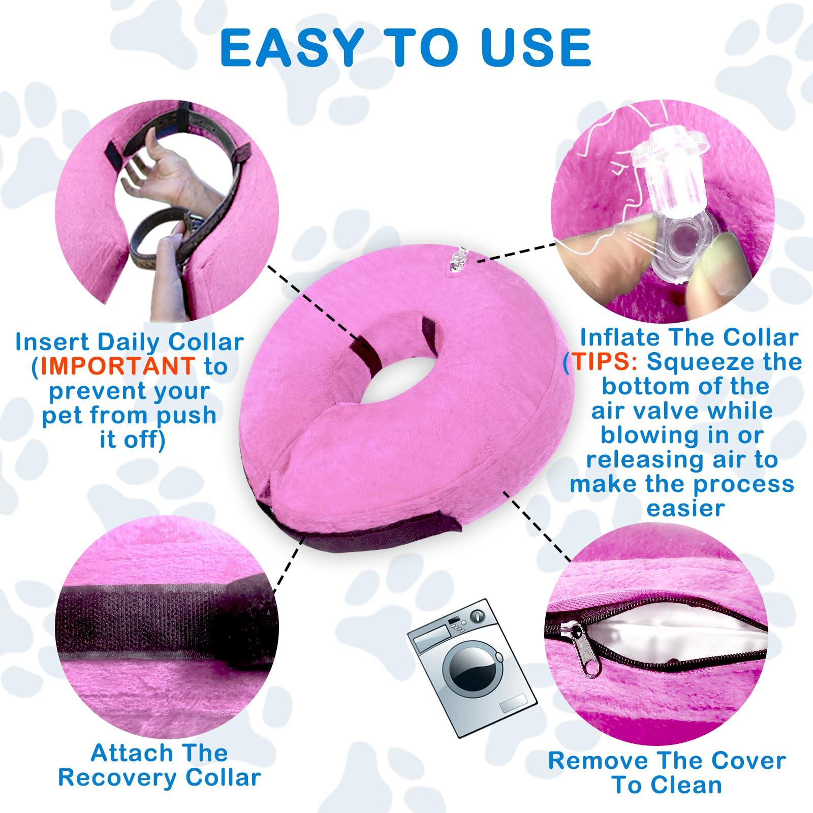 infisu Inflatable Dog Cone Collar (M Size), Soft Blow-up Protective Recovery Dog Collar, Pet Donut Cone Collar, Comfy E-Collar After Surgery for Medium Dog to Prevent Biting Scratching, Pink