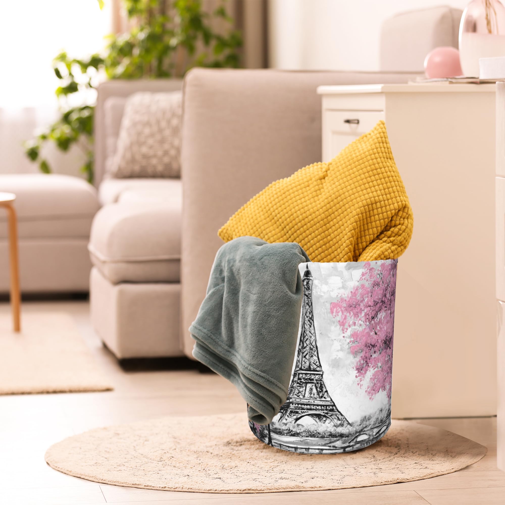 Eiffel Tower Pink Flowers Trees Laundry Basket,Waterproof Laundry Hamper,Collapsible Organizer Basket for Storage Bin Toy Bins, Dirty Clothes Laundry Basket for Living Room/Bathroom/Bedroom