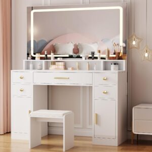 anwbroad vanity desk set with large led lighted mirror power outlet makeup vanity table 3 color lighting modes dressing table with 5 drawers and 2 cabinets cushioned stool for bedroom, white ubdt57w