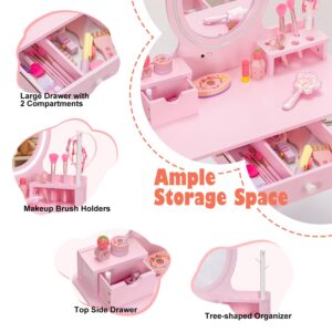 BRINJOY Kids Vanity Set with Light, Wooden Princess Vanity Table with Mirror & Stool & Jewelry Rack & Storage Board, Children Make Up Beauty Dressing Table for Girls Ages 3+