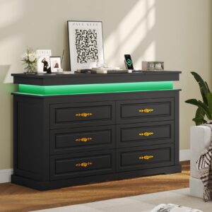 HAUOMS Dresser with LED Lights,LED Chest of Drawers with Flip-Top and Charging Station,6 Drawers Dresser with Mirror,Black Dresser for Bedroom,Living Room,Cloest