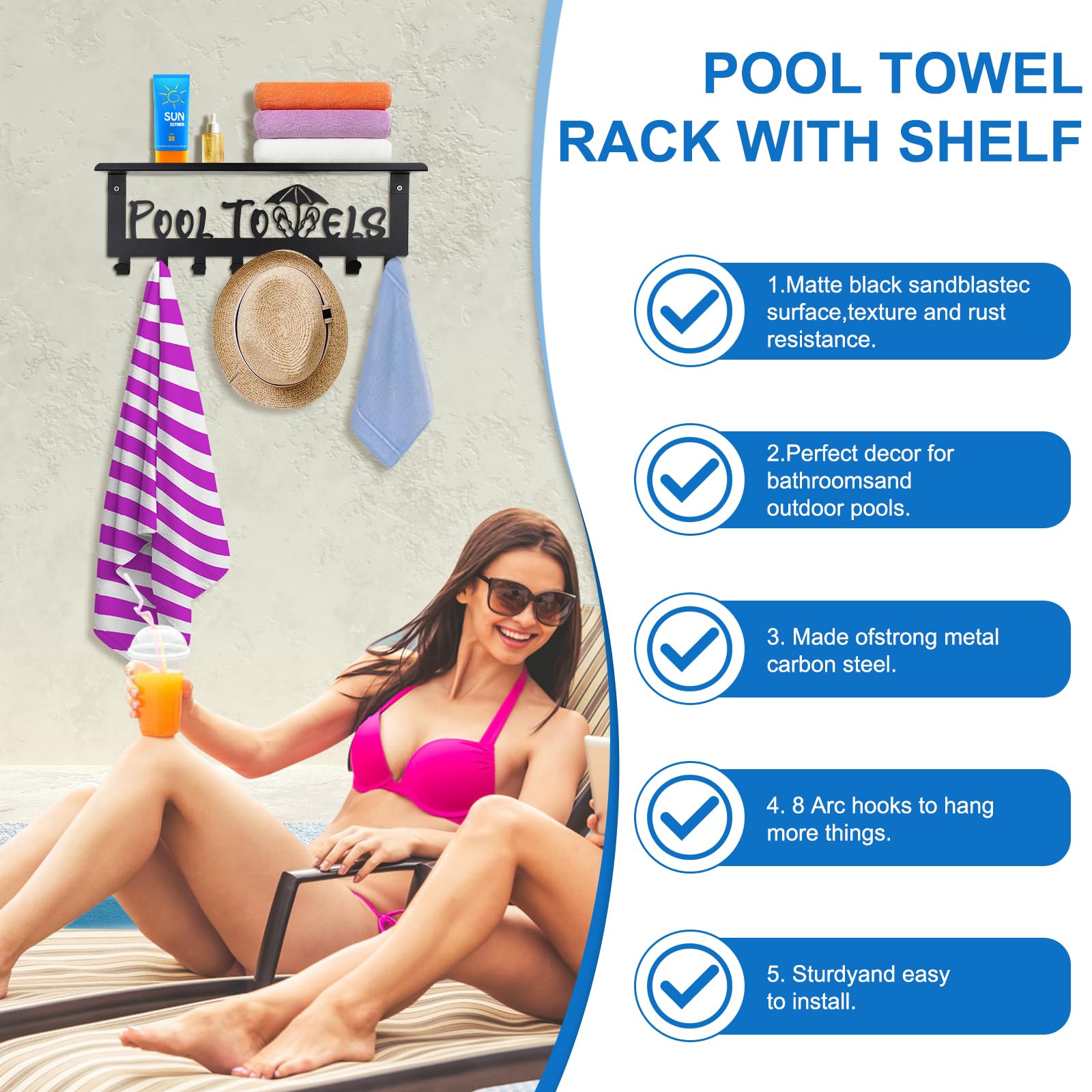 Premium Pool Towel Racks with Wall Mount Towel Hooks Durable Carbon Steel Outdoor Towel Holder with 8 Hooks Organizer for Bathroom Pool Accessories Perfect for Poolside, Patio, and Bathroom