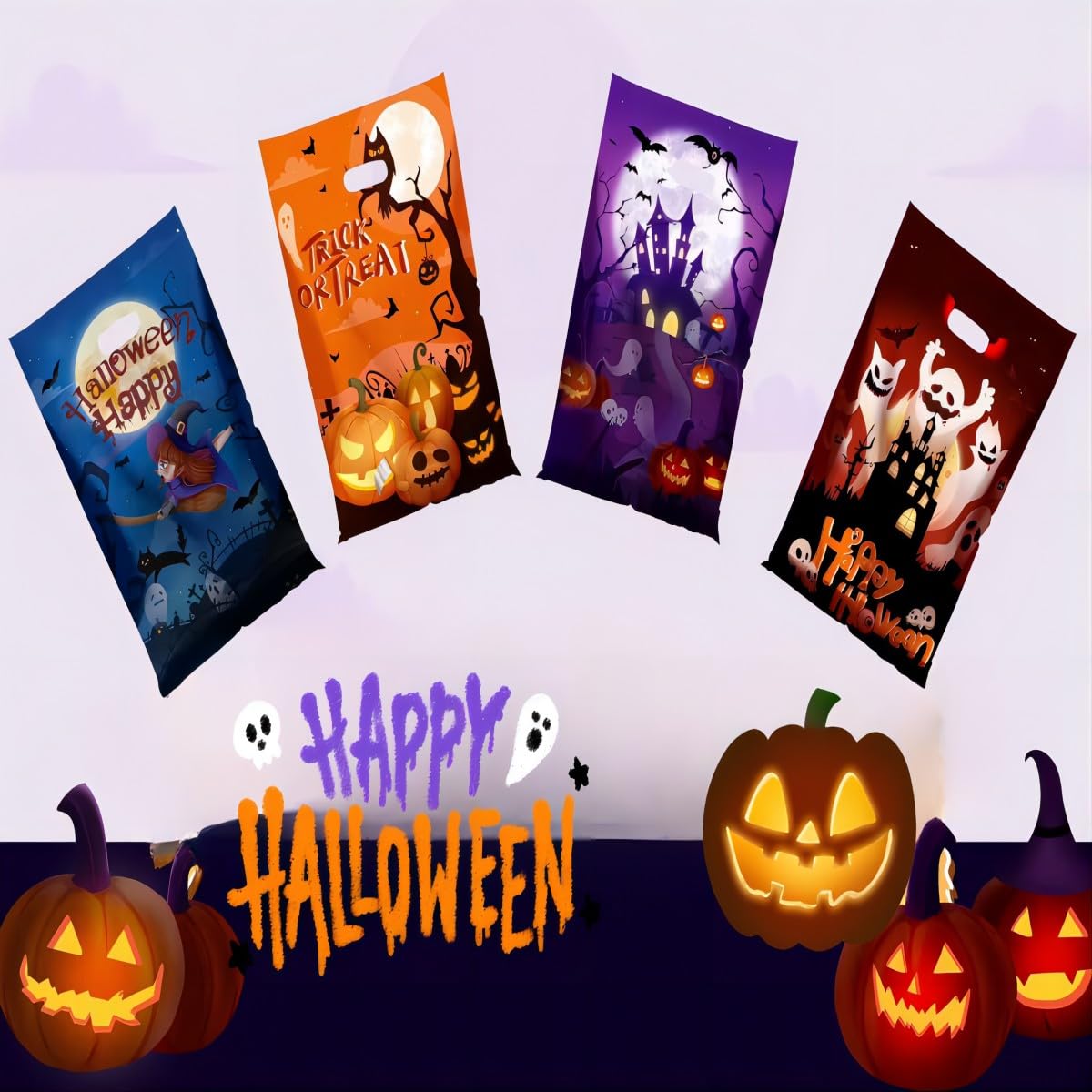 idolpack 50 Pcs Halloween Crafts Plastic Bag with Handle, 6.5''x10.5'' Halloween Goodie Bags, Halloween Candy Goody Trick or Treat Bags for Halloween Party Favors Supplies Decoration