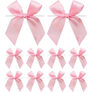 twist tie bows, 50pcs pink satin ribbon bows, 3.9'' big pre-tied pink gift bows for gift wrapping treat bag present craft bridal shower wedding girls birthday party halloween thanksgiving (pink)