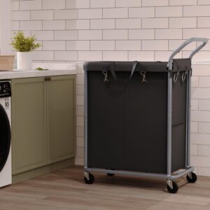 Laundry Basket with Wheels, 2-Section Rolling Laundry Hamper with Removable Liner, 37 Gallons (140L) Laundry Sorter Cart, Blanket Storage Organizer with Sturdy Metal Frame(Black)