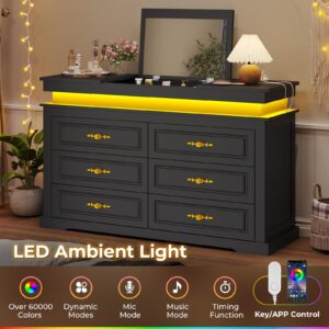 HAUOMS Dresser with LED Lights,LED Chest of Drawers with Flip-Top and Charging Station,6 Drawers Dresser with Mirror,Black Dresser for Bedroom,Living Room,Cloest