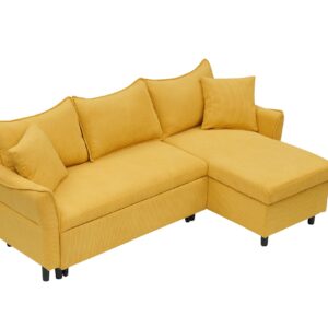 SmartEdge 80'' Convertible Sleeper Sectional Couch 3 Seater Reversible L Shaped Sleeper Sofa with Storage Chaise, Comfy Corduroy Upholstered Corner Sofa Couches for Living Room, Yellow