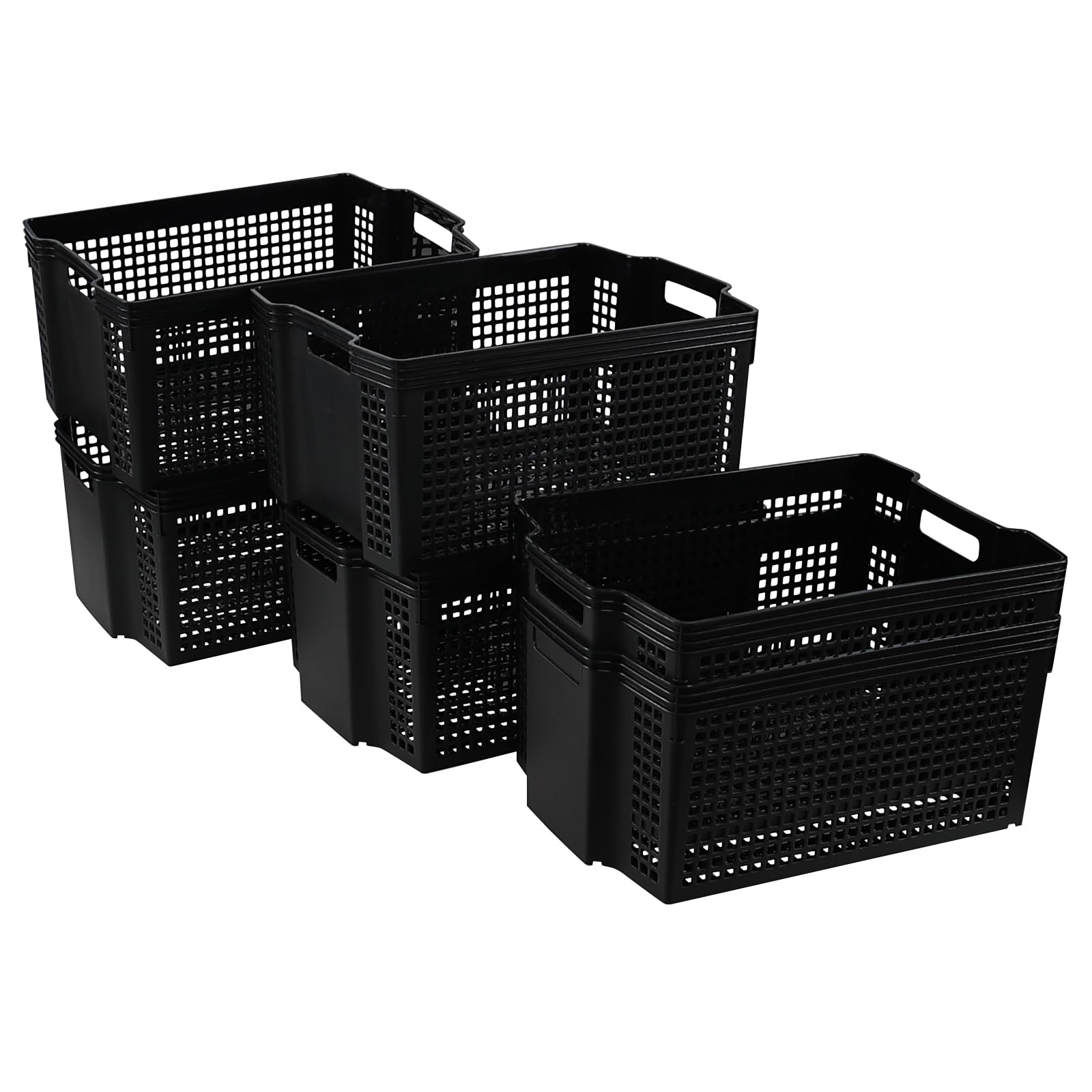 Nesmilers 6-Pack Stackable Storage Baskets Bins, Black Large Plastic Organizer Baskets