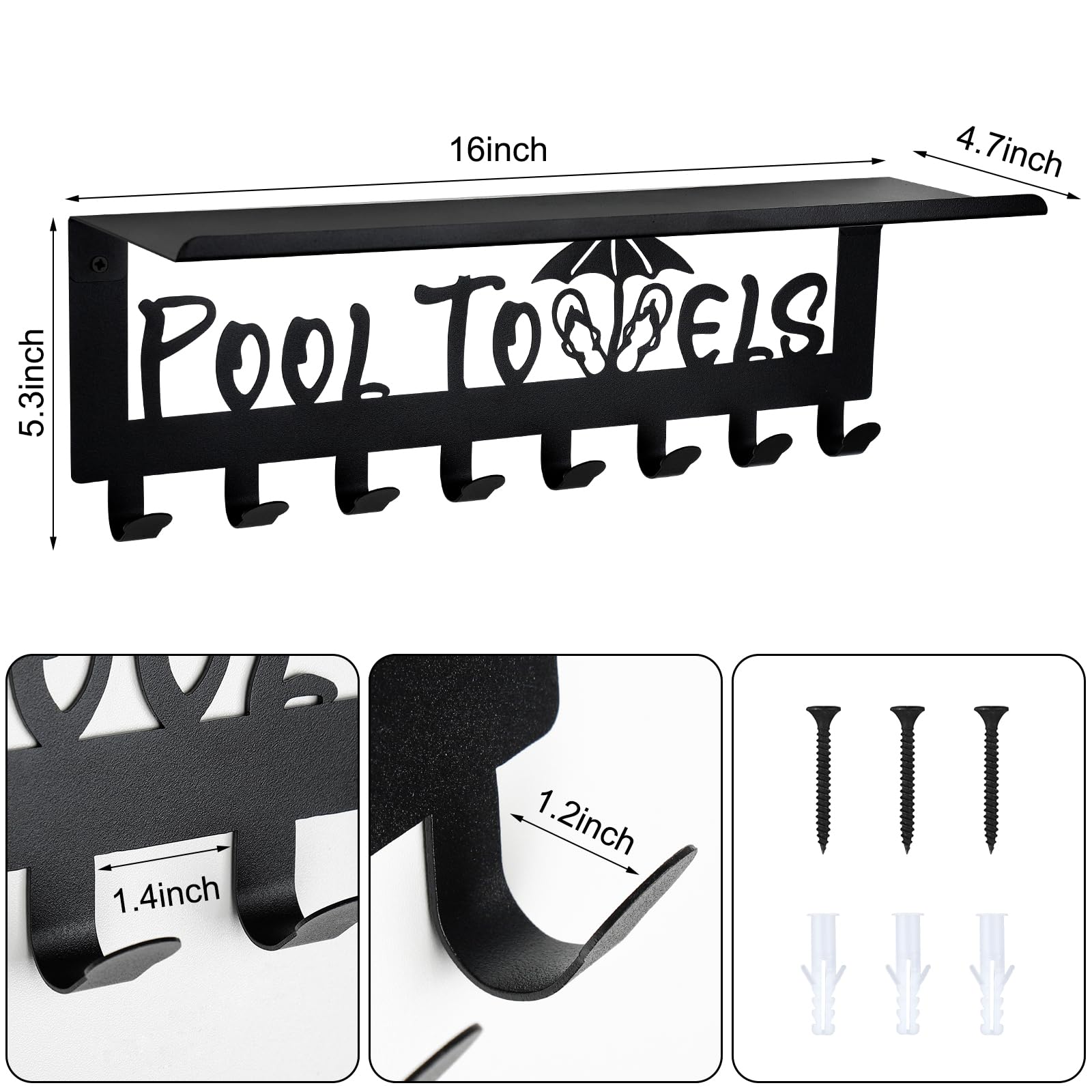 Premium Pool Towel Racks with Wall Mount Towel Hooks Durable Carbon Steel Outdoor Towel Holder with 8 Hooks Organizer for Bathroom Pool Accessories Perfect for Poolside, Patio, and Bathroom