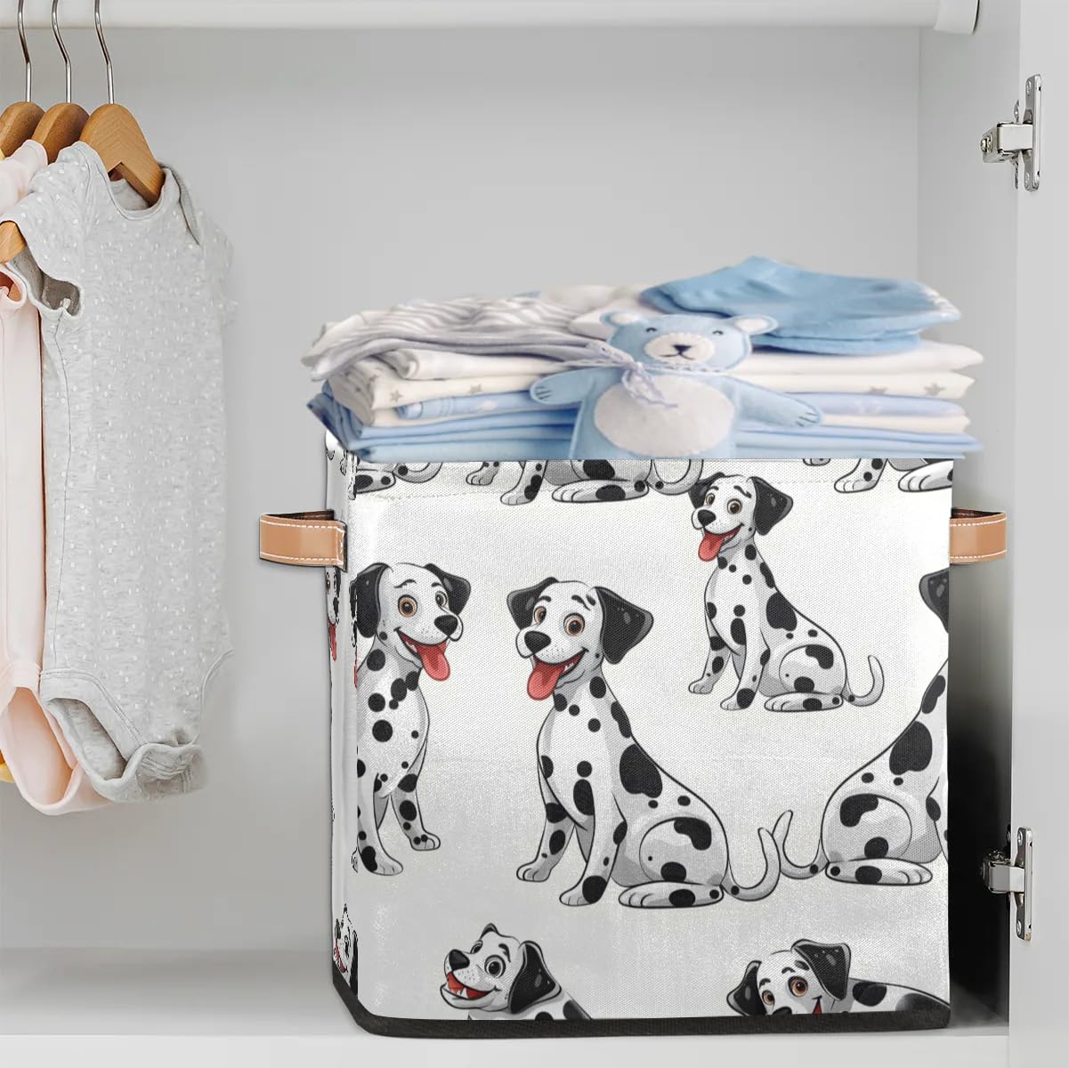 Piolysio Dalmatian Dogs 13 Inch Storage Cube Bins Fabric Storage Bin with Leather Handles Foldable Storage Organizer Baskets for Closet, Living Room, Shelves, Bedroom