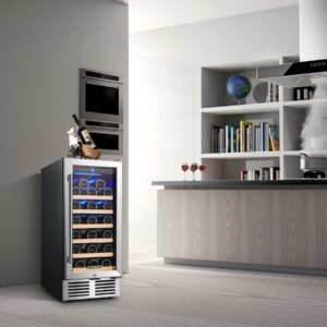 BODEGA 15 Inch wine fridge, 31 Bottles Mini Fridge,Wine Cooler Refrigerator with Double-Layer Glass Door, Wine cooler with smart chip control,Temperature Memory,Built-in or Freestanding.