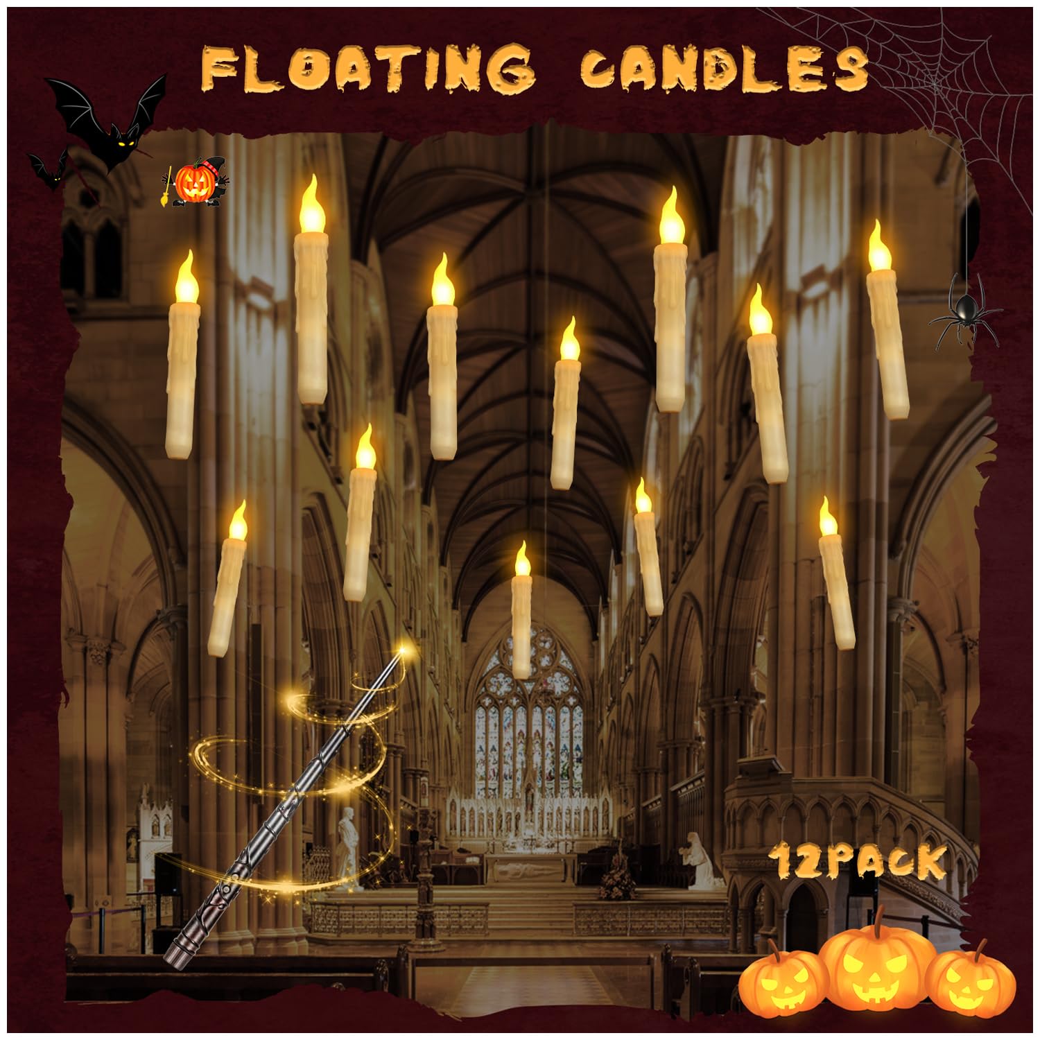 Floating Candles with Wand Remote, Halloween Decorations 12Pcs Magic Hanging Candles, LED Flickering Warm Light Flameless Candles for Party Room Home Ceiling Witch Decor, Halloween Gifts for Kids