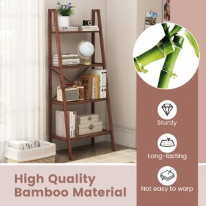 Giantex 4-Tier Bamboo Bookshelf, Indoor Free Standing Plant Stand Display Rack w/Anti-Tipping Device, Corner Bamboo Ladder Shelf for Small Space, Living Room, Kitchen, Bedroom, Office, Walnut