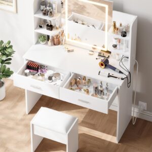 GarveeHome Vanity Desk with Mirror and Lights, Makeup Vanity Set w/Desk and Stool, Power Outlet, Makeup Vanity Desk with 6 Storage Shelves, 2 Large Drawers and 3 Color Adjustable Brightness, White